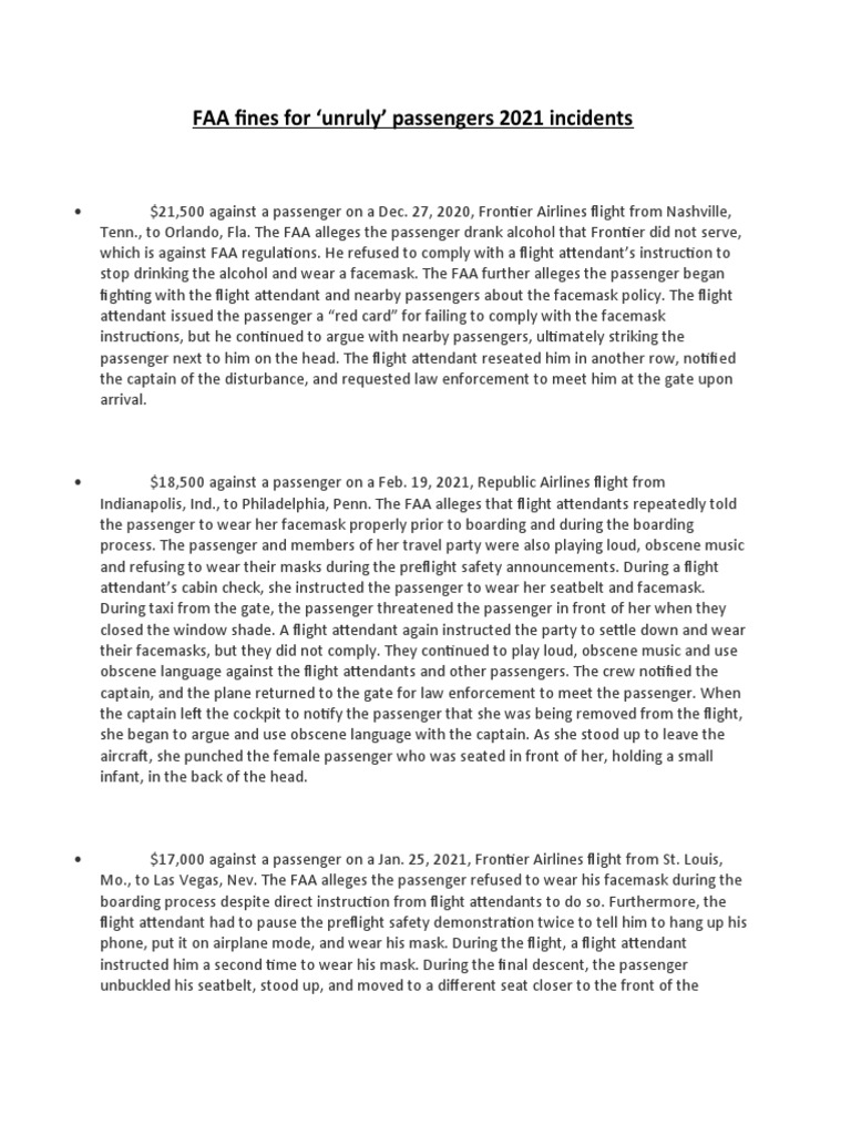 FAA Fines For Unruly' Passengers 2021 Incidents | PDF | Flight ...