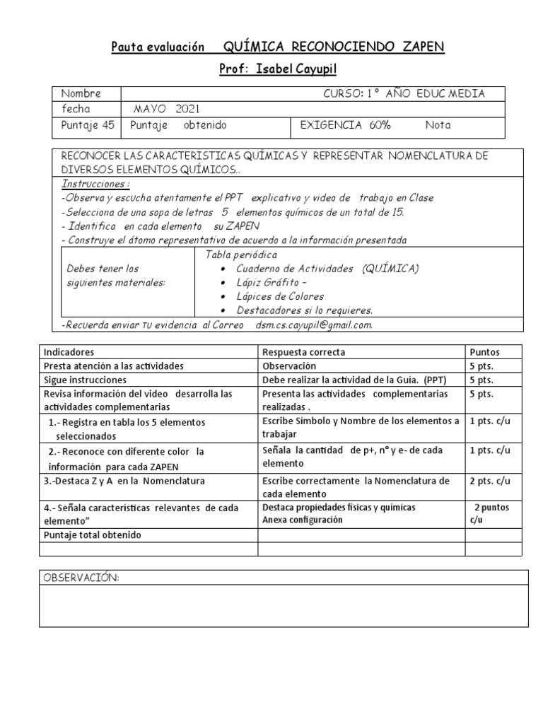 Evaluación Química: Nomenclatura y ZAPEN | PDF
