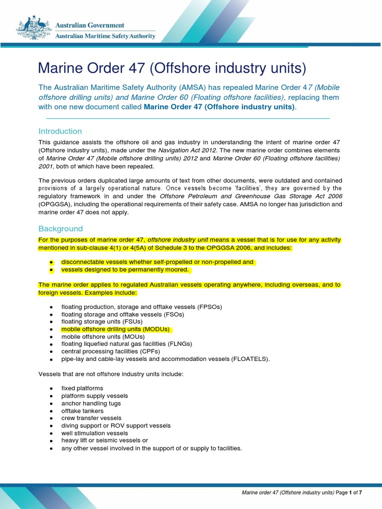 Marine Order 47 (Offshore Industry Units) | PDF | Oil Tanker | Ships