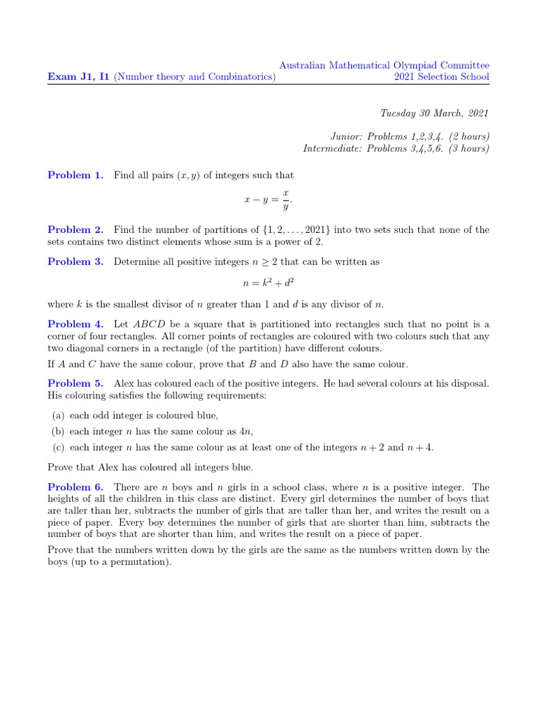 Exam J1, I1 (Number Theory and Combinatorics) | PDF | Integer | Numbers