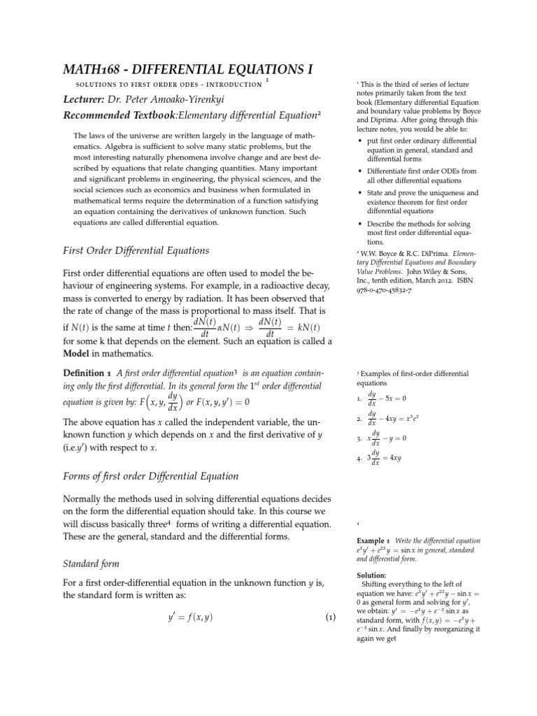 3 0 Solutions First Order Odes Introduction Tex Pdf Ordinary Differential Equation