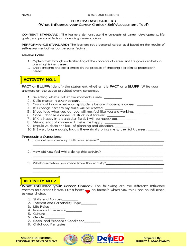 Activity Sheet - SHS Personality Development - Persons and Career | PDF ...
