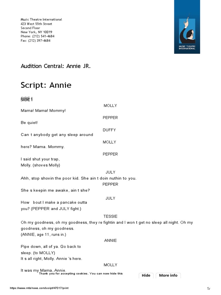 Script: Annie: Audition Central: Annie JR | PDF | Annie (Musical ...