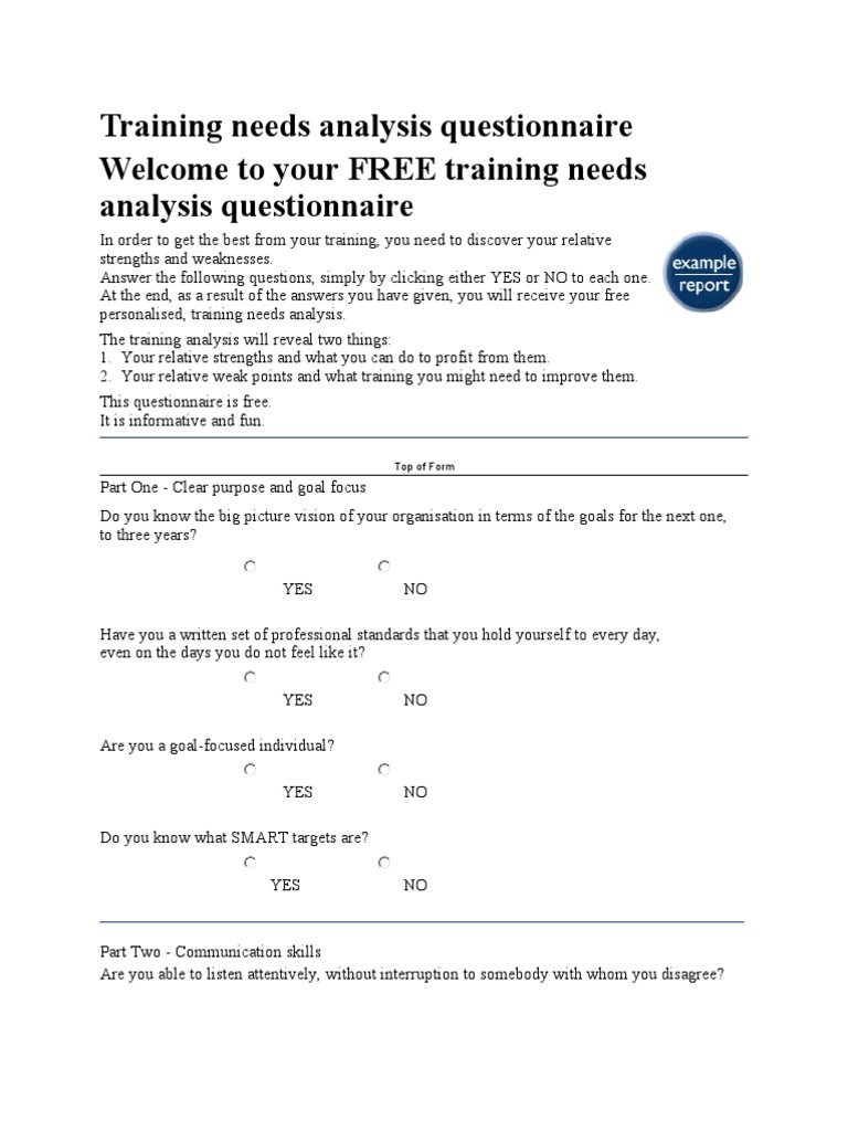 Training Needs Analysis Questionnaire | PDF | Goal | Questionnaire