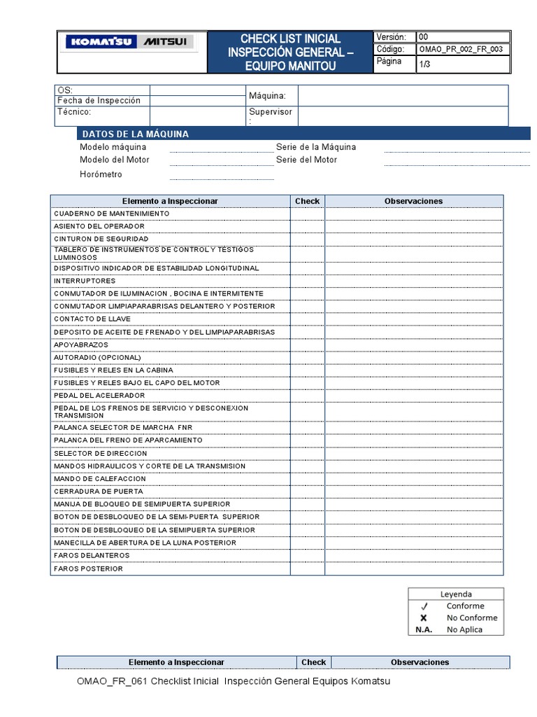 Checklist Inicial Inspeccion General - Manitou | PDF | Vehículos ...