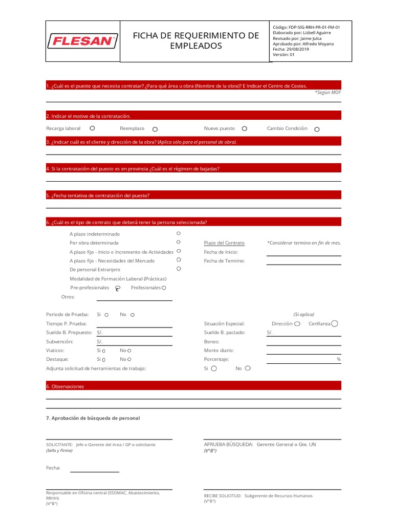 FDP-SIG-RRH-PR-01-FM-01 Ficha de Requerimiento de Empleados Ver.01 | PDF | Gestión de recursos ...