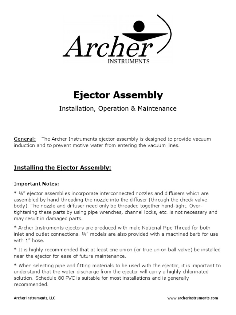 Ejector Assembly: Installation, Operation & Maintenance | PDF | Valve ...