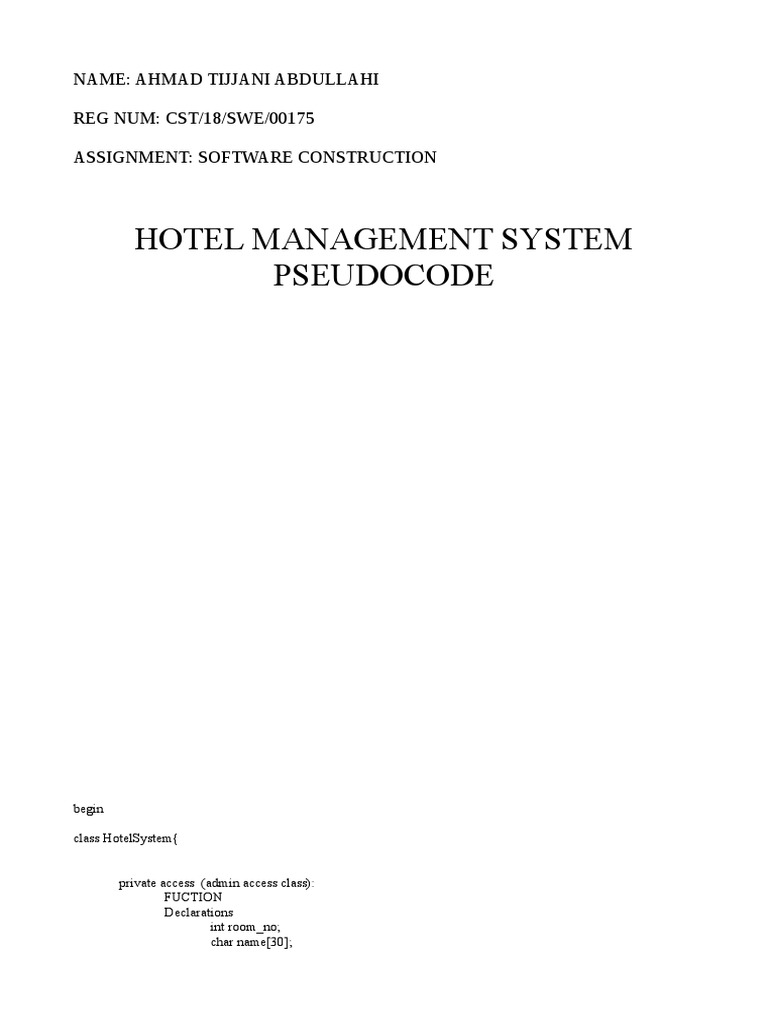 Hotel Management System Pseudocode | PDF | Menu | Subroutine