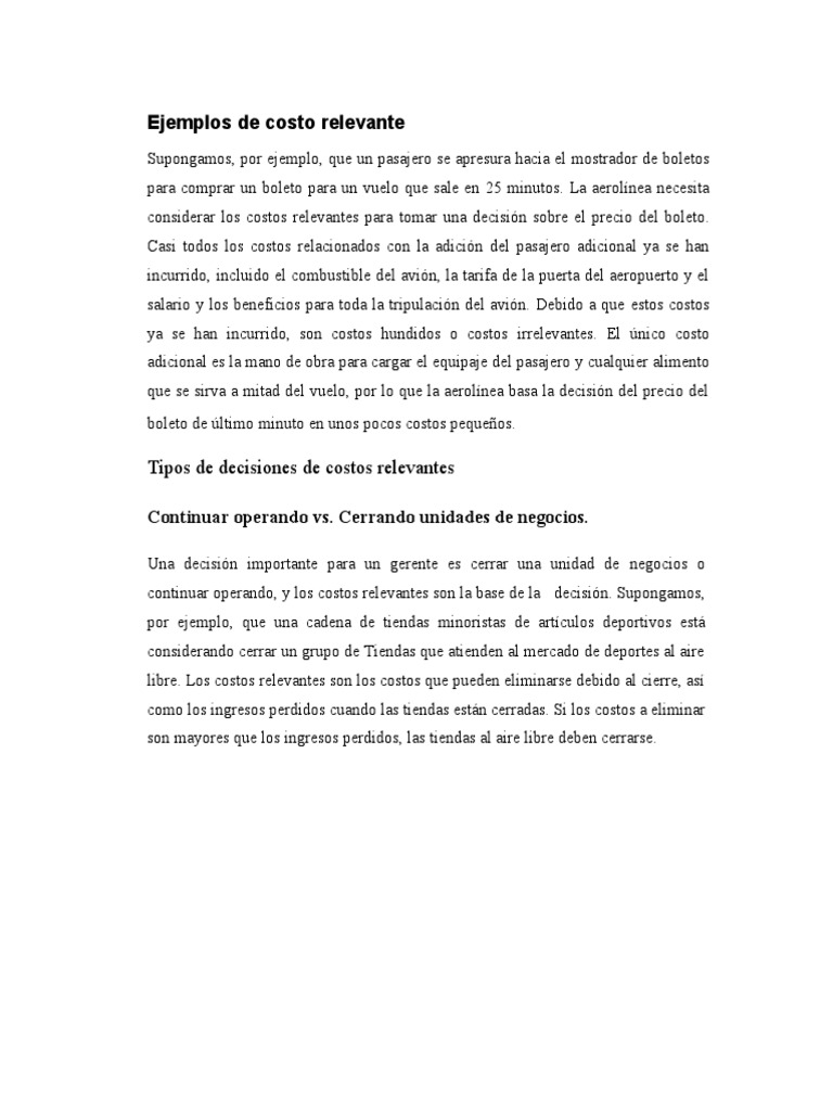 Ejemplos de costos relevantes e irrelevantes | PDF | Costo | Al por menor