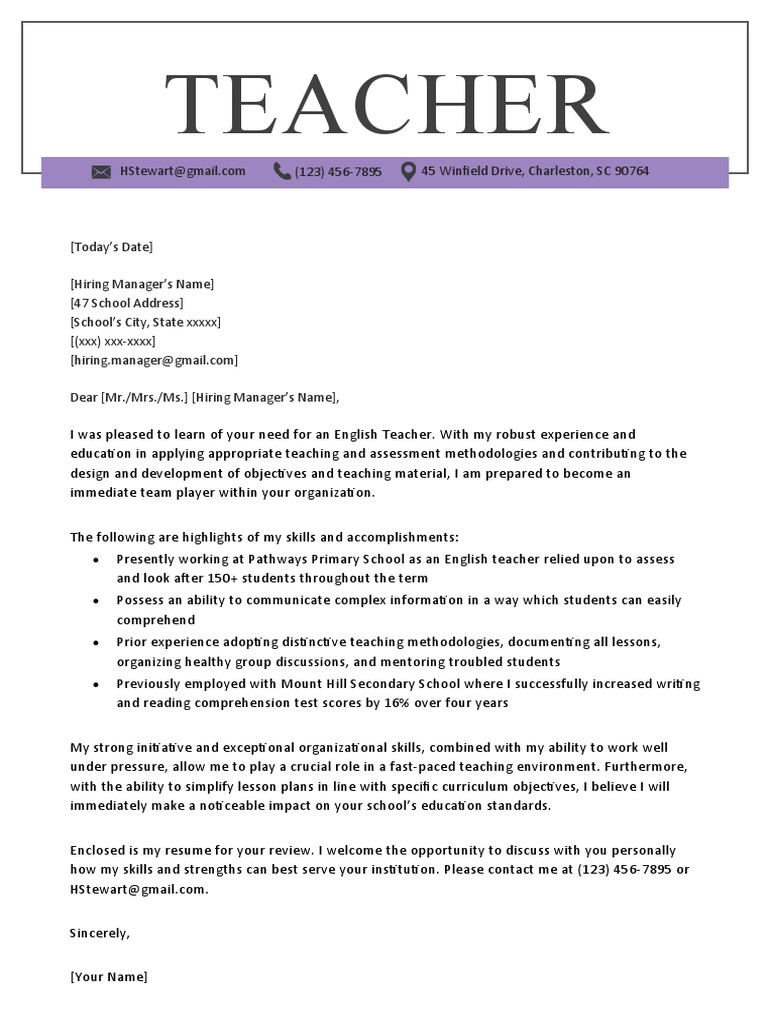 Teacher Cover Letter Co PDF Resume Reading Comprehension