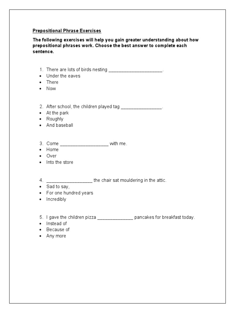 Prepositional Phrase Exercises-Practice | PDF | Adverb | Preposition ...