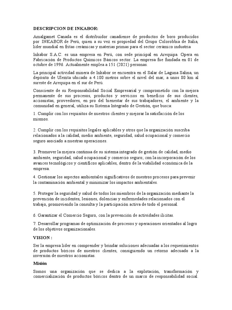 Descripcion de Inkabor | PDF | Calidad (comercial) | Seguridad y salud ...