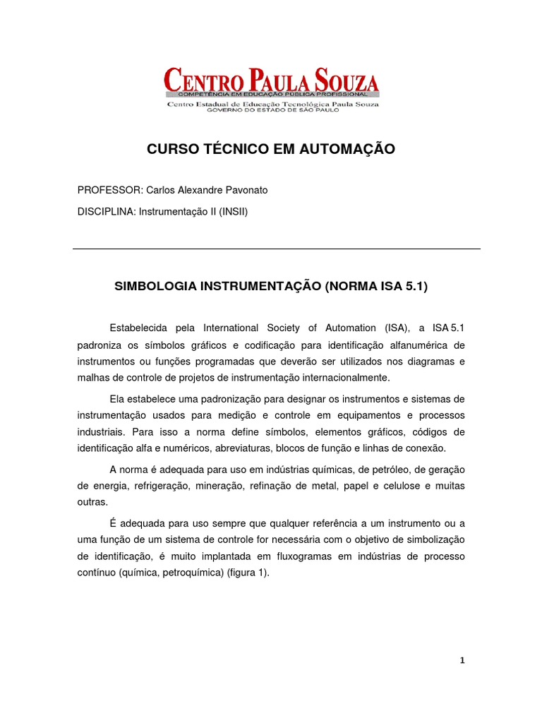 Apostila Simbologia Instrumentação ISA 5.1 | PDF | Instrumentação | Science
