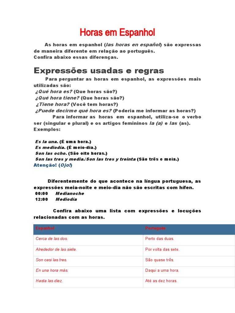 Horas Em Espanhol Pdf Espanhol Idioma Português Idioma