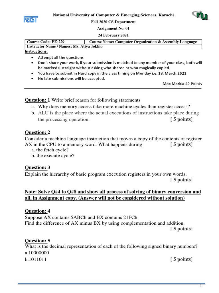 COAL Assignment-1 | PDF | Computer Engineering | Computer Architecture