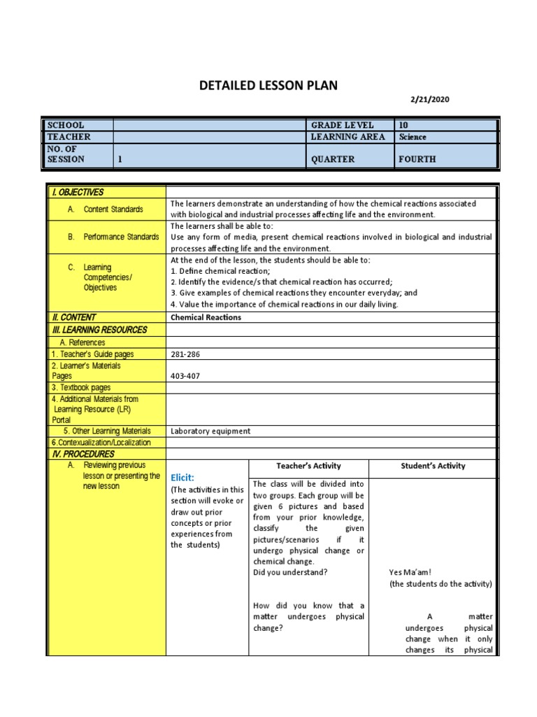 Grade 10 Science: Chemical Reactions Lesson Plan | PDF | Chemical ...