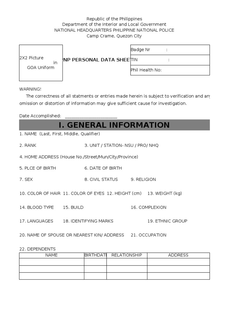 I. General Information: PNP Personal Data Sheet | PDF