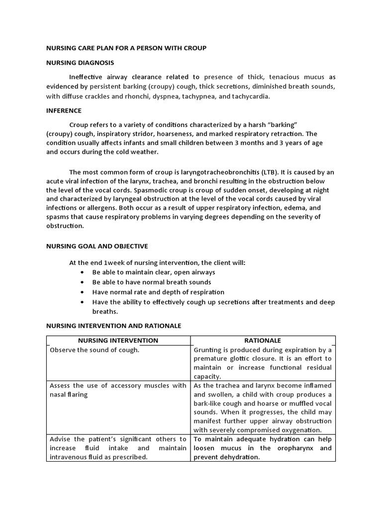 Nursing Care Plan For A Person With Croup Nursing Diagnosis | PDF