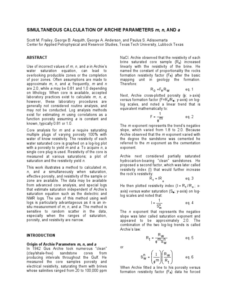 Simultaneous Calculation of Archie Parameters M, N, and A | Download Free PDF | Logarithm ...