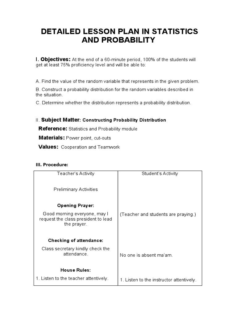 Detailed Lesson Plan in Statistics and Probability: I. Objectives | PDF | Probability ...