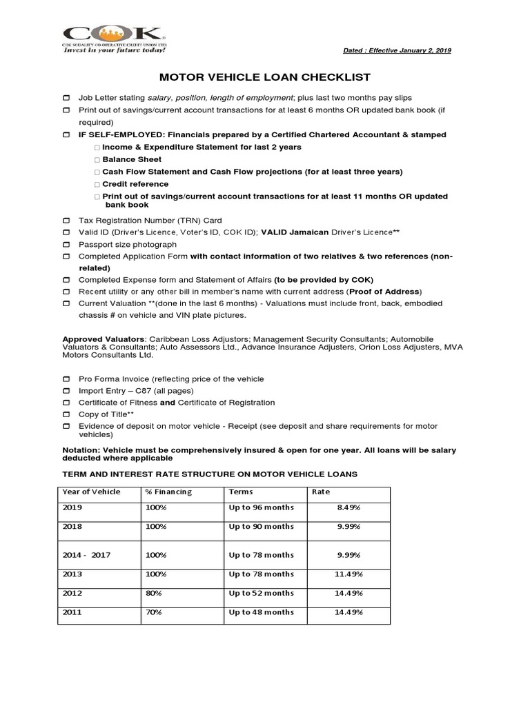COK Motor Vehicle Loan Checklist | PDF | Transaction Account ...