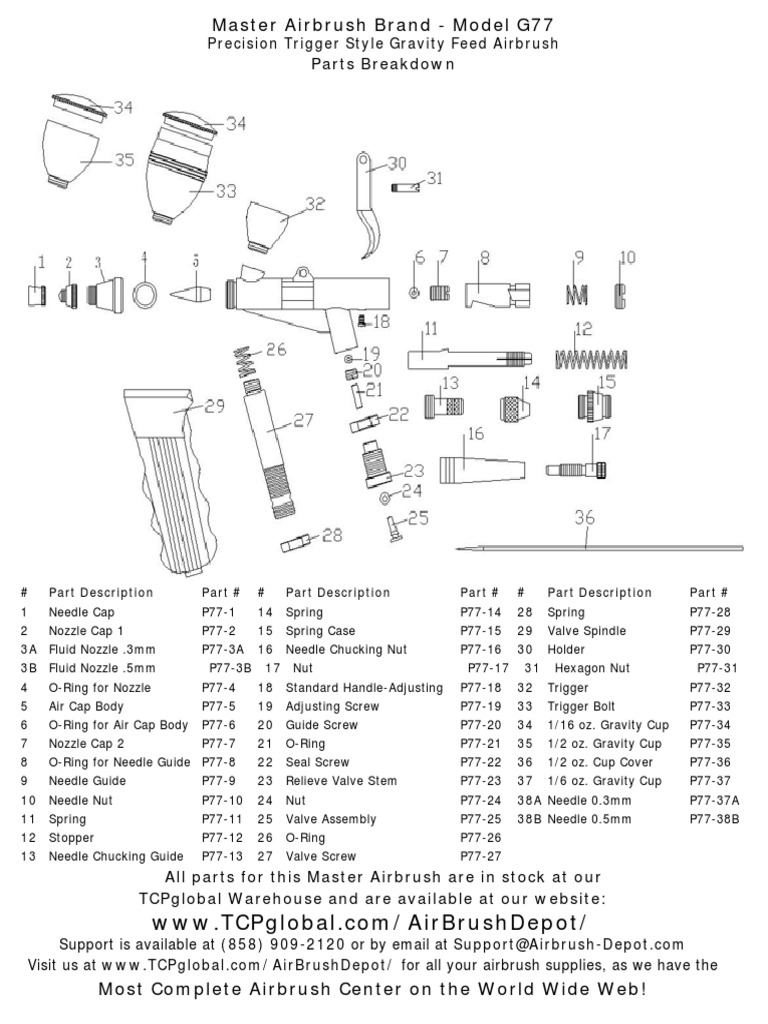 Parts Breakdown: Precision Trigger Style Gravity Feed Airbrush | PDF