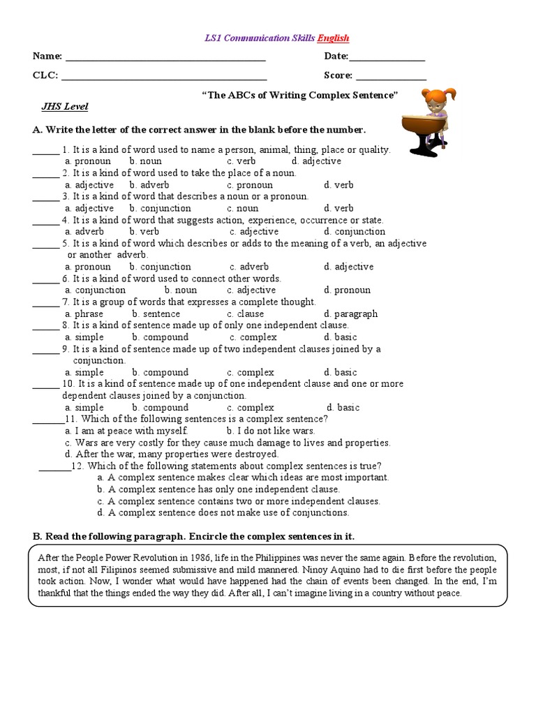 Week1 Worksheets LS1 ABCs Writing Complex Sen. | PDF | Adjective | Verb