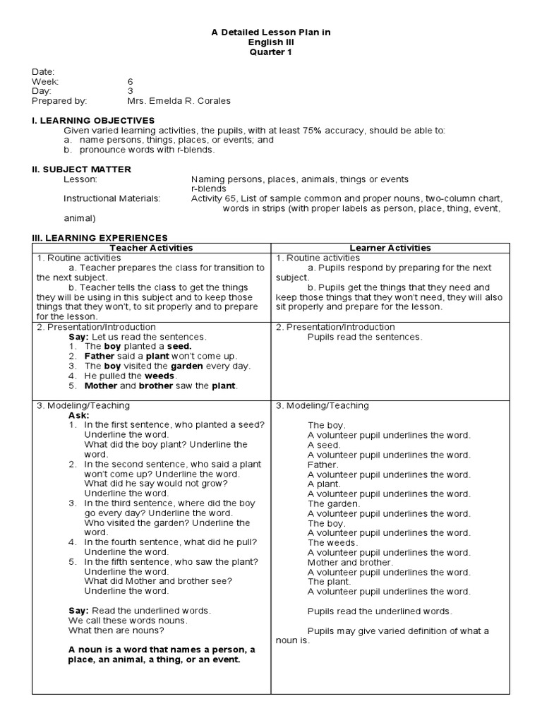 Nouns and R-Blends Lesson Plan | PDF | Phonics | Lesson Plan