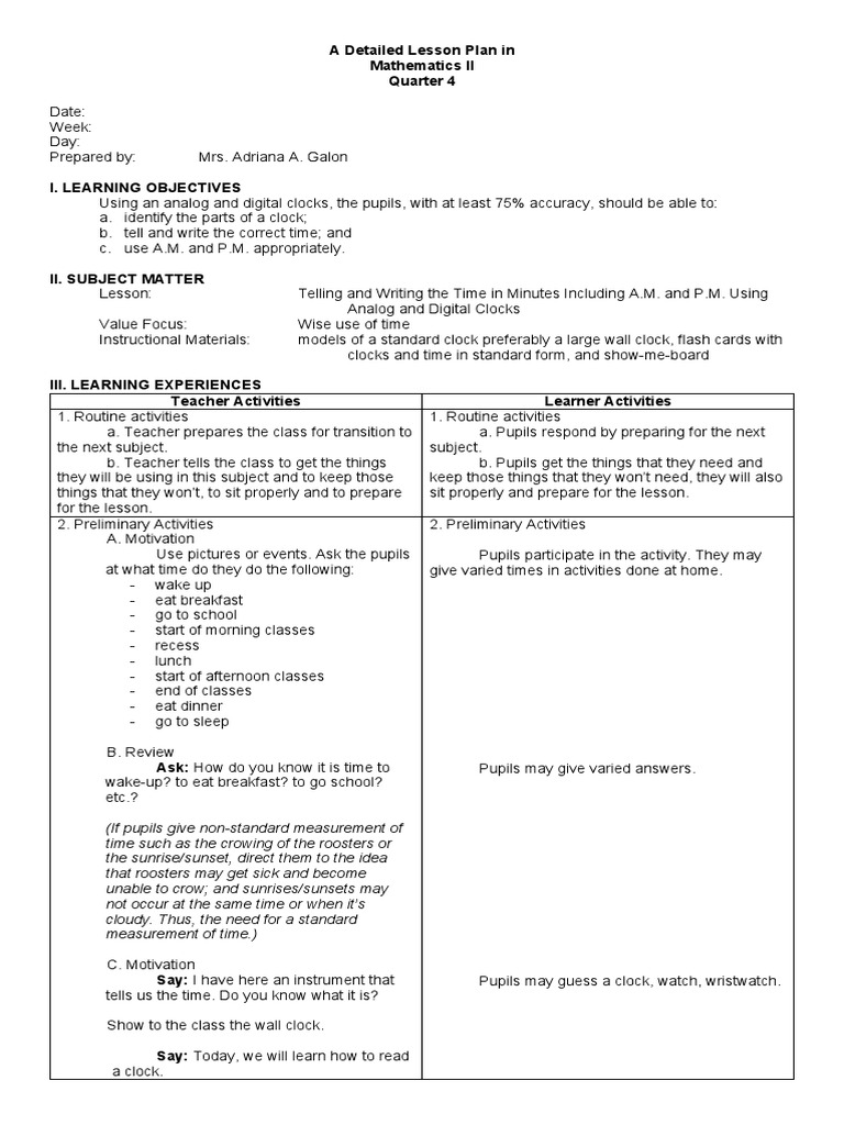 A Detailed Lesson Plan in Mathematics 2 Q4 | PDF | Clock | Lesson Plan