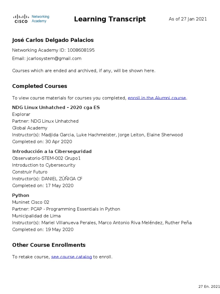 Learning Transcript: José Carlos Delgado Palacios | PDF