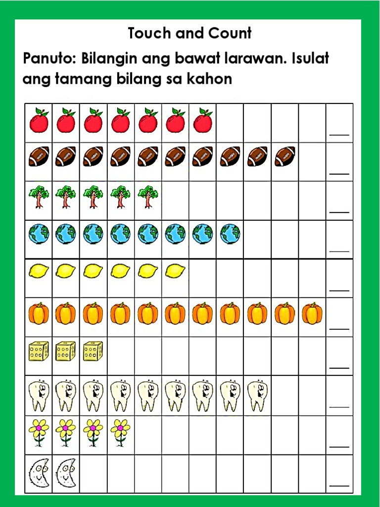 Touch and Count Panuto: Bilangin Ang Bawat Larawan. Isulat Ang Tamang ...