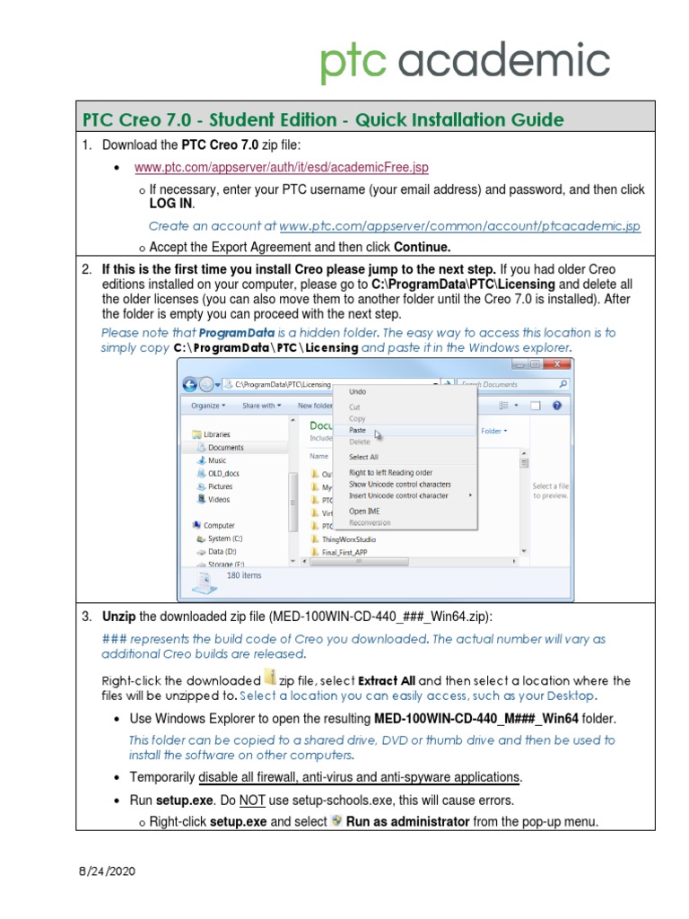 PTC Creo 7.0 - Student Edition - Quick Installation Guide: Log in | PDF ...