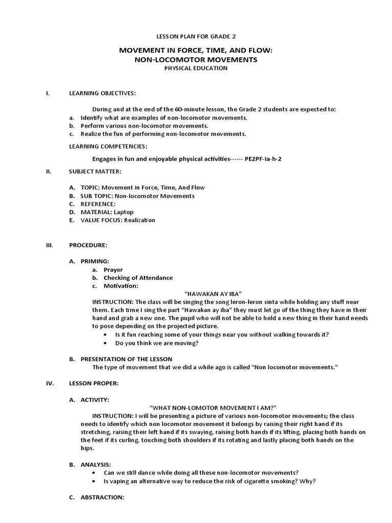 4a's LESSON PLAN FOR GRADE 2 - PE | PDF | Lesson Plan | Dances