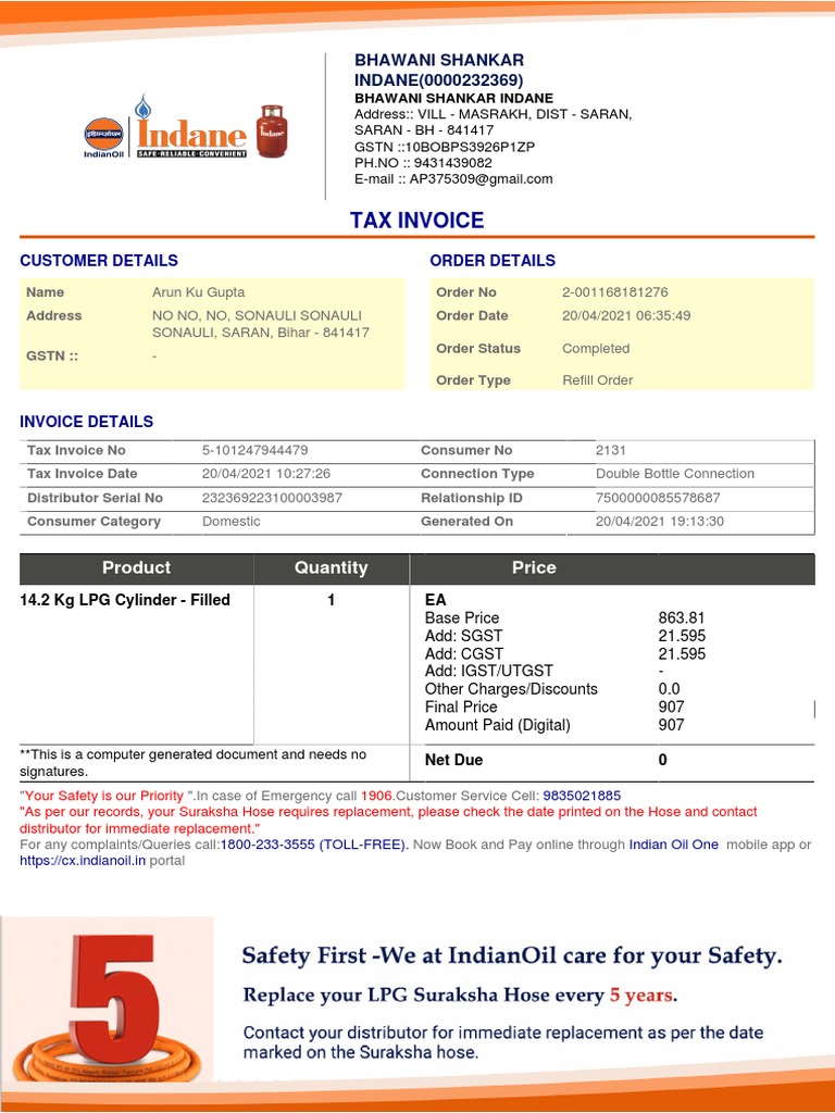 Indane LPG Cylinder Refill Invoice | PDF | Liquefied Petroleum Gas ...