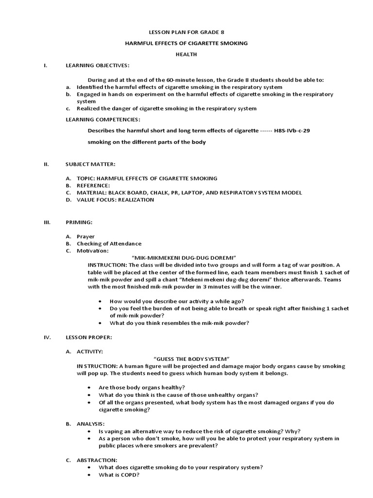 Grade 8 Health Lesson: Smoking Effects | PDF | Chronic Obstructive ...