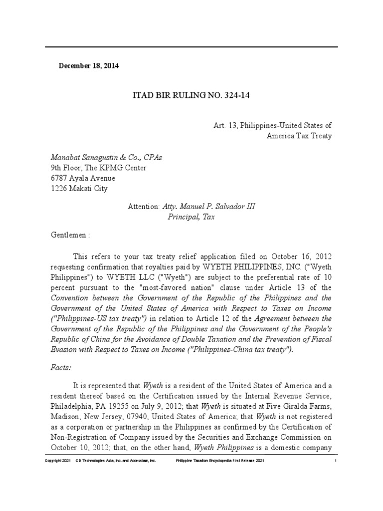 ITAD BIR Ruling No. 324-14 Dated Dec. 18, 2014 | PDF | Double Taxation ...