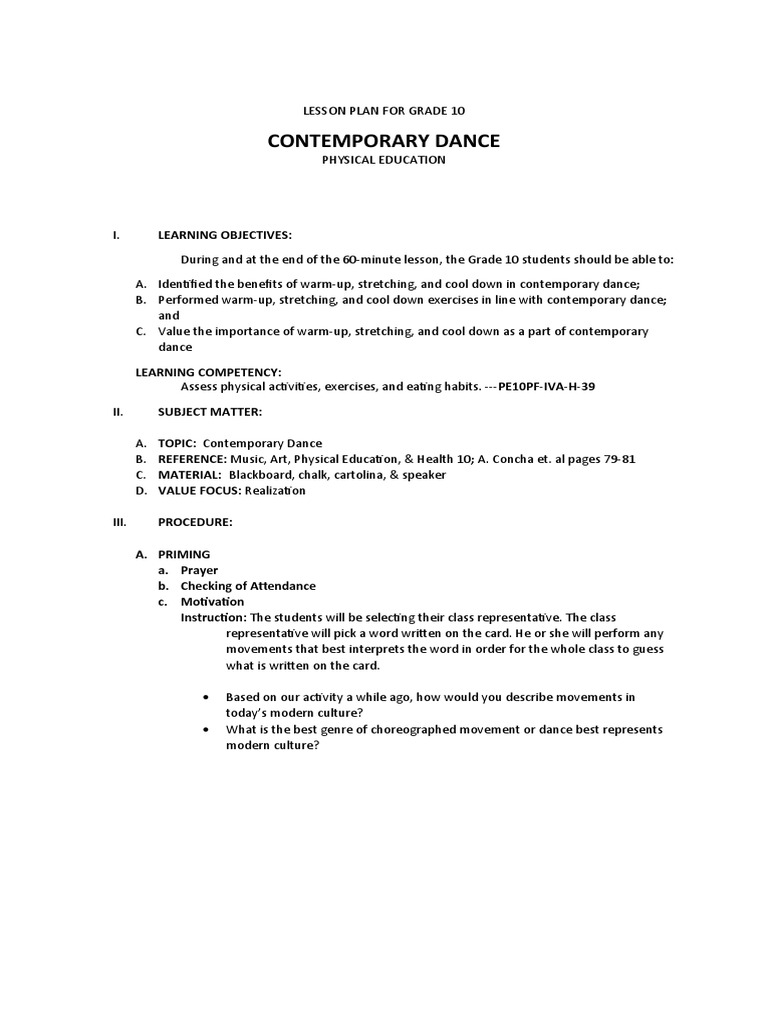 Grade 10 Contemporary Dance Lesson Plan | PDF | Physical Education ...