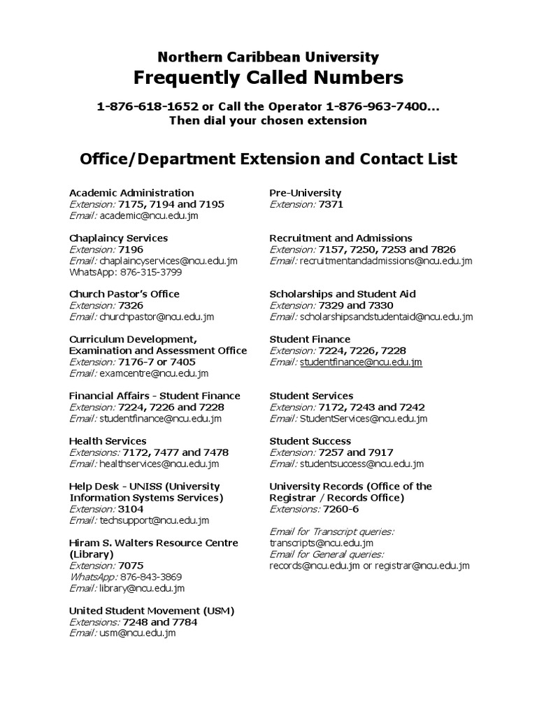 0b NCU Frequently Called Numbers NCU | PDF