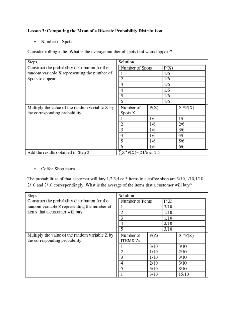 Lesson 3: Computing The Mean of A Discrete Probability Distribution | PDF | Random Variable | Mean