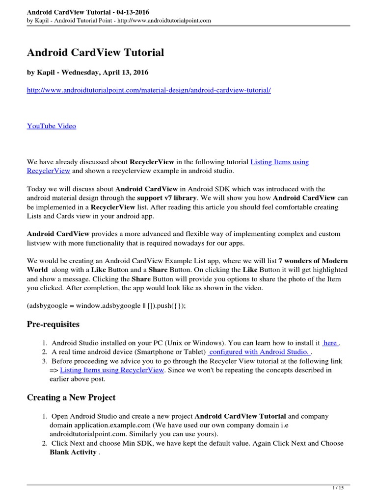 Android Cardview Tutorial Pre Requisites Pdf Android Operating