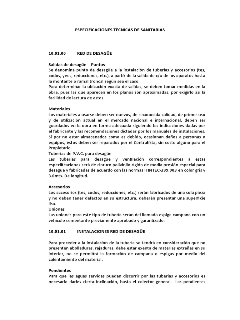 Especificaciones Tecnicas - Inst. Sanitarias | Descargar gratis PDF | Hormigón | Tubería ...