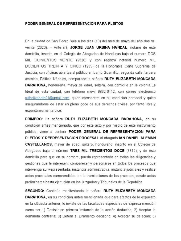 Poder General de Representacion para Pleitos | PDF | Honduras | Gobierno
