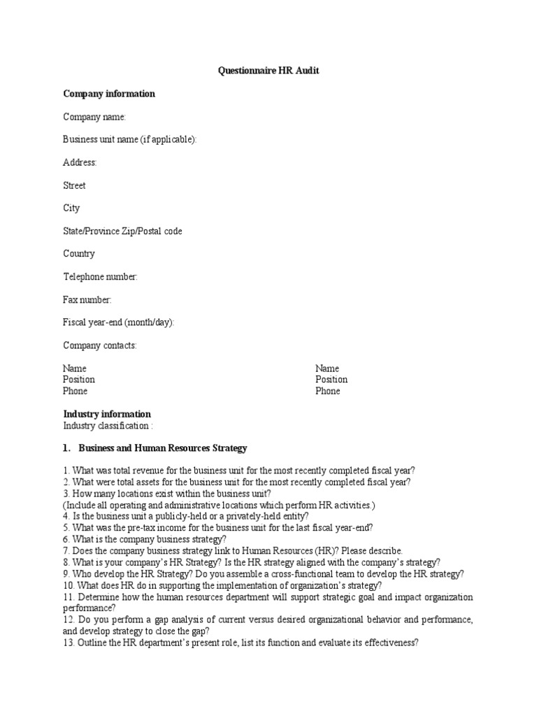 Questionnaire HR Audit | PDF | Employment | Human Resources