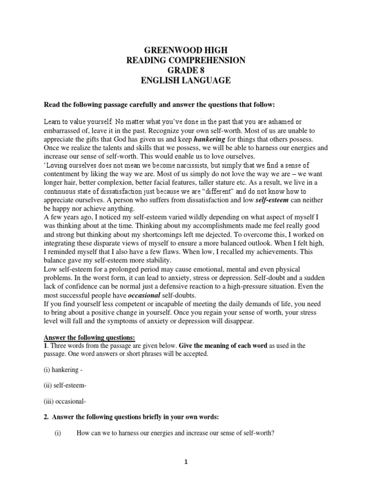 Worksheet Comprehension | PDF | Self Esteem | Mental Health