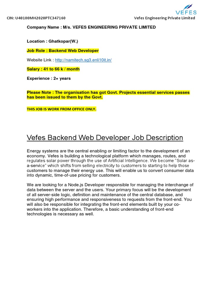 JD For Backend Web Developer Hiring | PDF | Databases | World Wide Web
