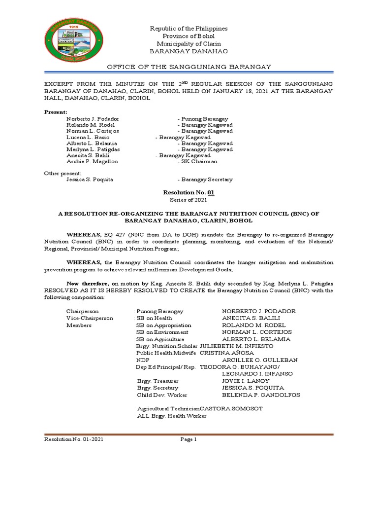 Resolution No. 01-2021 BNC | PDF | Nutrition | Diet & Nutrition