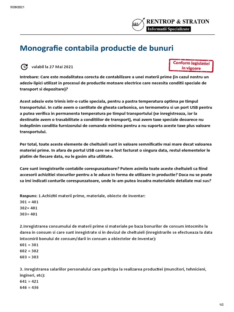 Monografie Contabila Productie de Bunuri | PDF