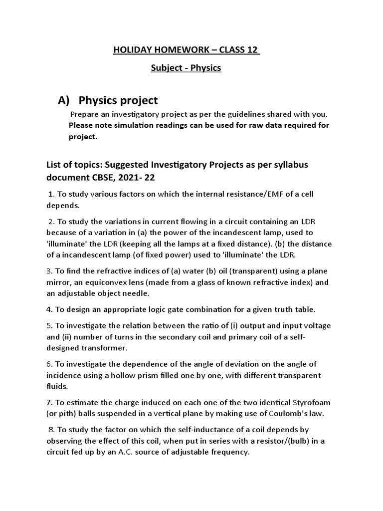 Class 12 Physics Holiday Homework | PDF | Diffraction | Transformer