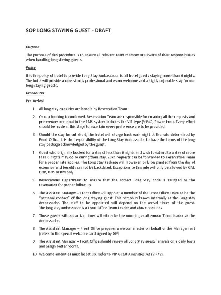 SOP for Long Stay Guests Management | PDF | Hotel And Accommodation ...