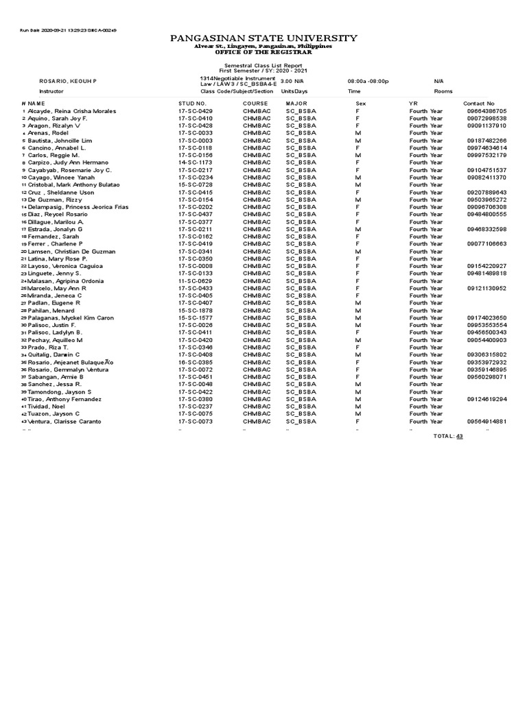 Semestral Class List Report-2020 | PDF